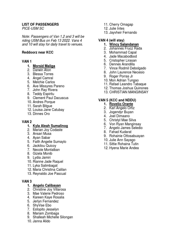 Passenger List for USM Bus & Vans | PDF