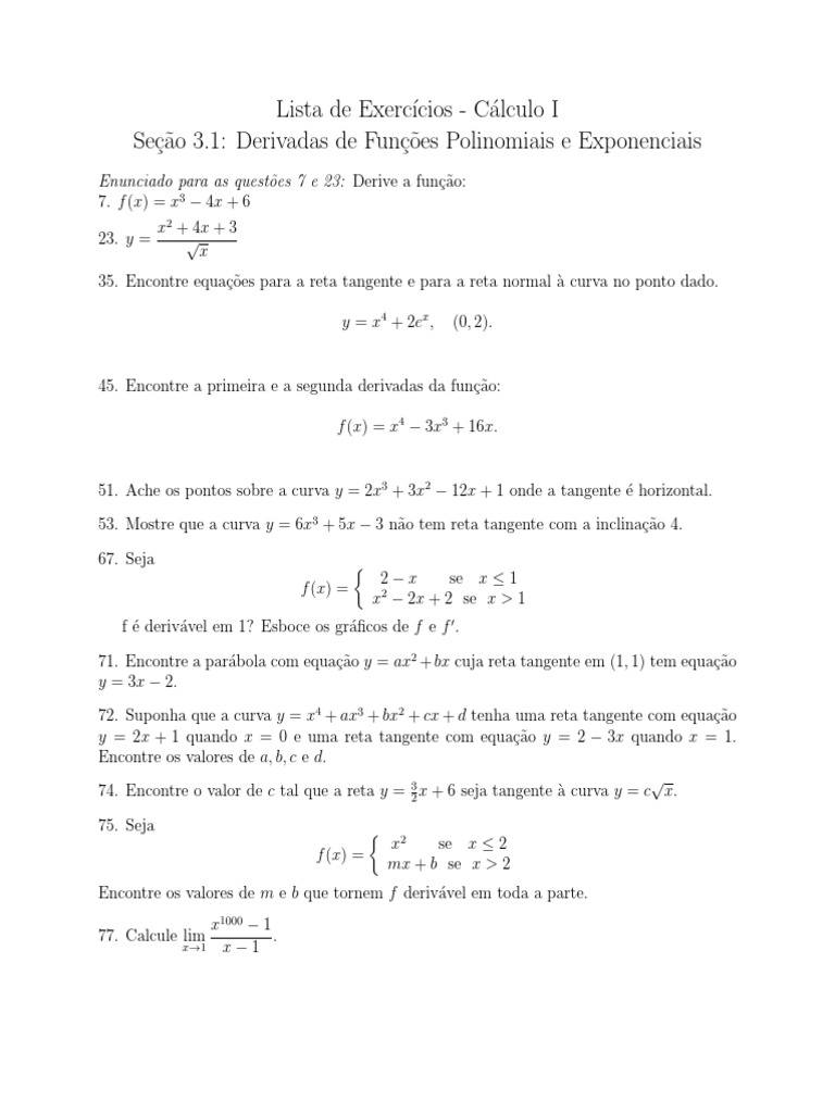 Lista De Exercícios Sobre Derivadas De Funções Polinomiais
