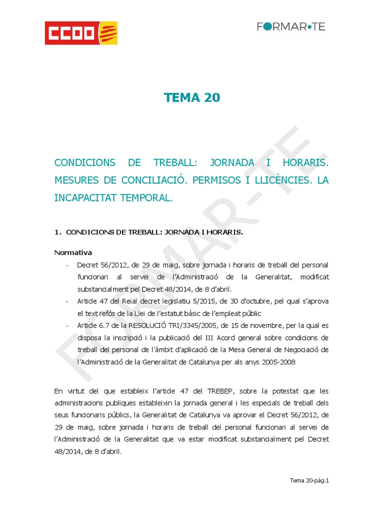 Tema 20 - Condicions de Treball | PDF