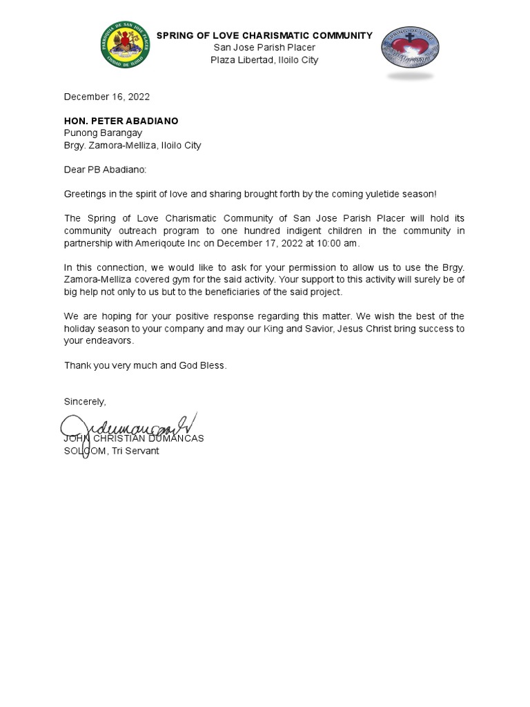 Letter To Brgy. Captain Abadiano | PDF