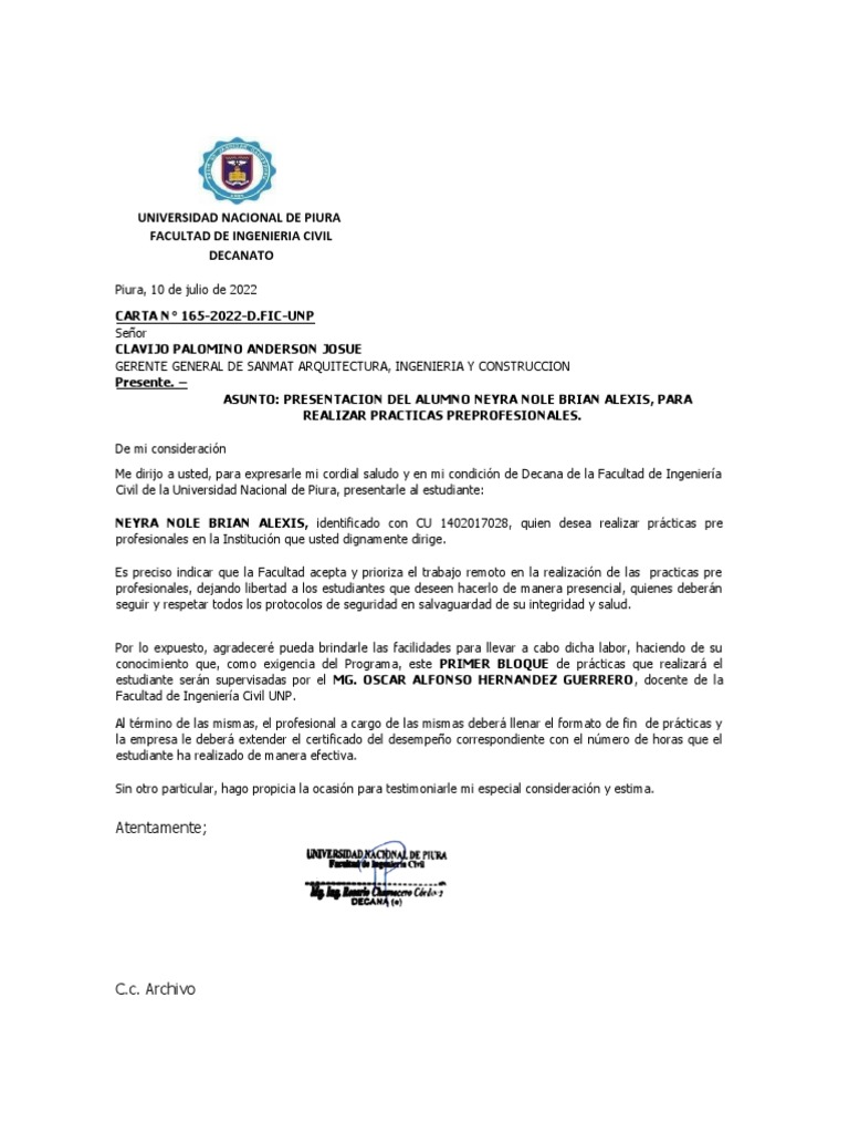 CARTA PRESENTACION #165-2022-NEYRA NOLE BRIAN ALEXIS A SANMAT | PDF ...