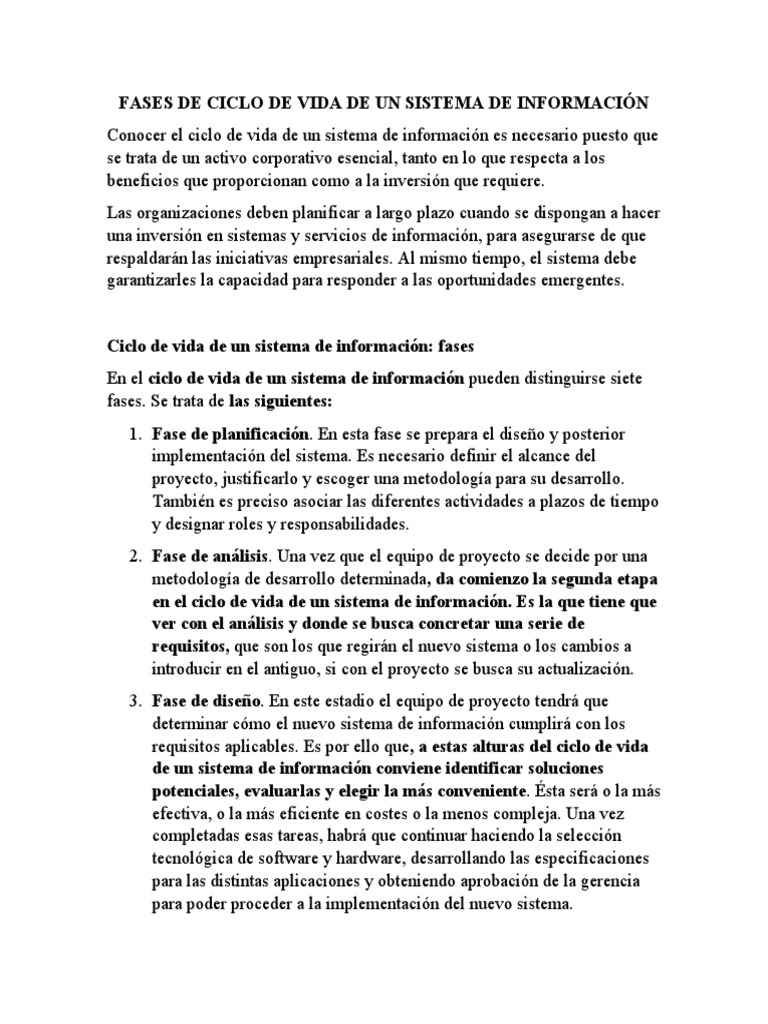 Fases de Ciclo de Vida de Un Sistema de Información | PDF | Software | Evaluación del ciclo de vida