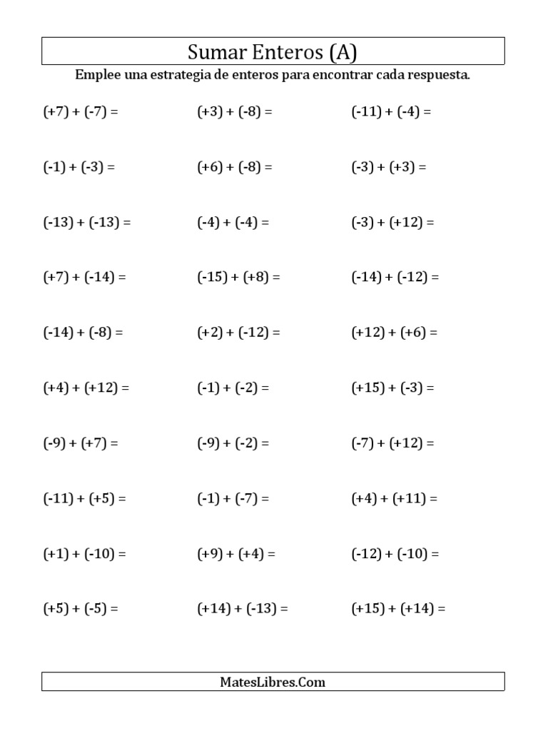 Ejercicios de Suma y Resta de Enteros | PDF