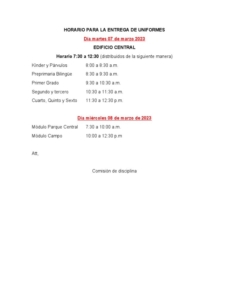 Entrega de Uniformes: Horarios por Grado | PDF | Deportes y actividades ...