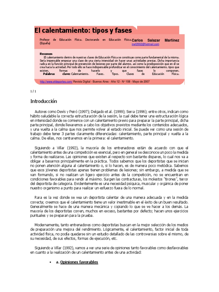 Salazar Martínez, C. (2007) - El Calentamiento - Tipos y Fases | PDF | Músculo | Masaje