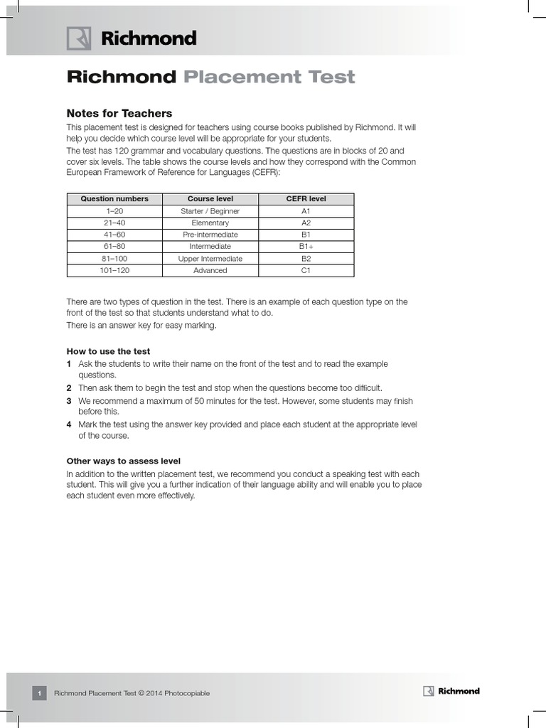 Richmond - Placement - Test - Answer Key | PDF | Psycholinguistics ...