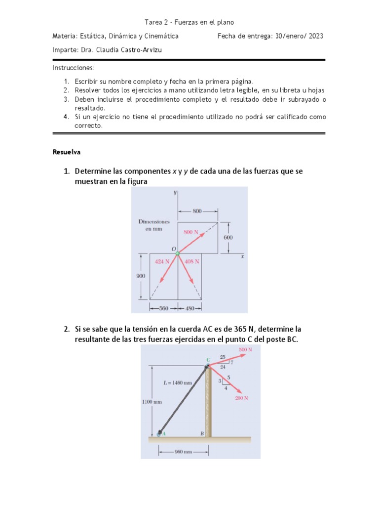 Fuerzas en el plano: Tarea 2 de Estática | PDF