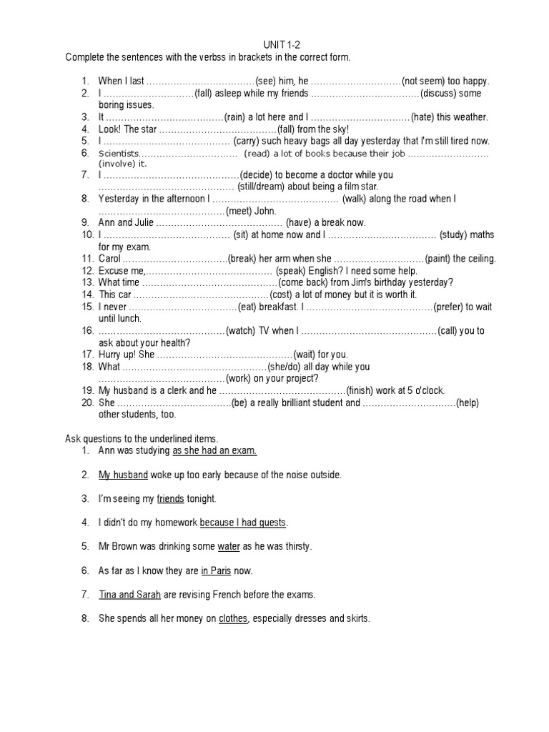 Destination B1 UNIT 1-2 Grammar Handout Filling in & Making Questions | PDF