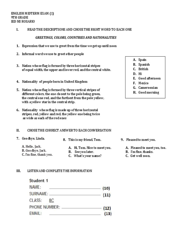 English Midterm Exam 9 Exam 1 | PDF | Flag | National Symbols