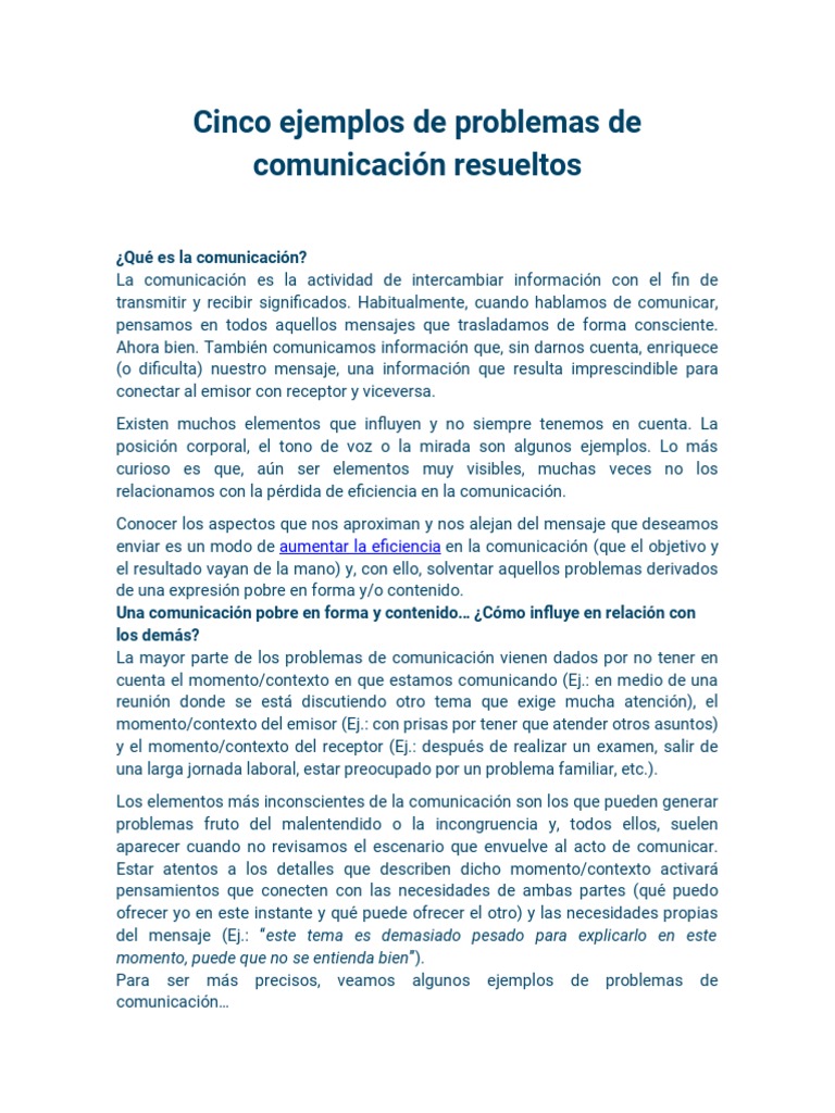 Cinco Ejemplos de Problemas de Comunicación Resueltos | PDF | Comunicación | Las emociones