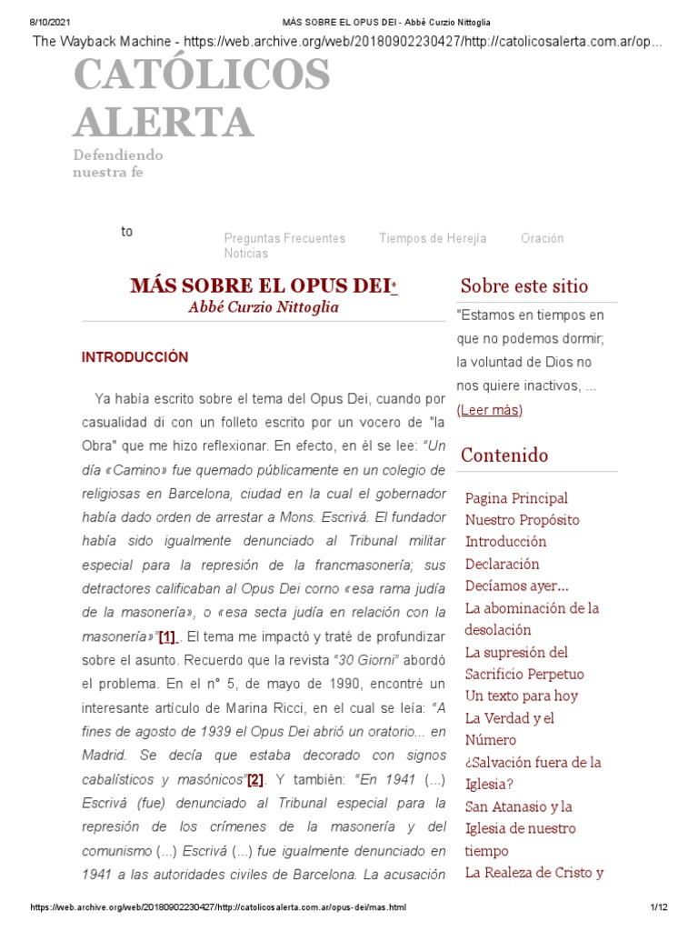 Mas Sobre El Opus Dei - Abbé Curzio Nittoglia | PDF | Iglesia Católica