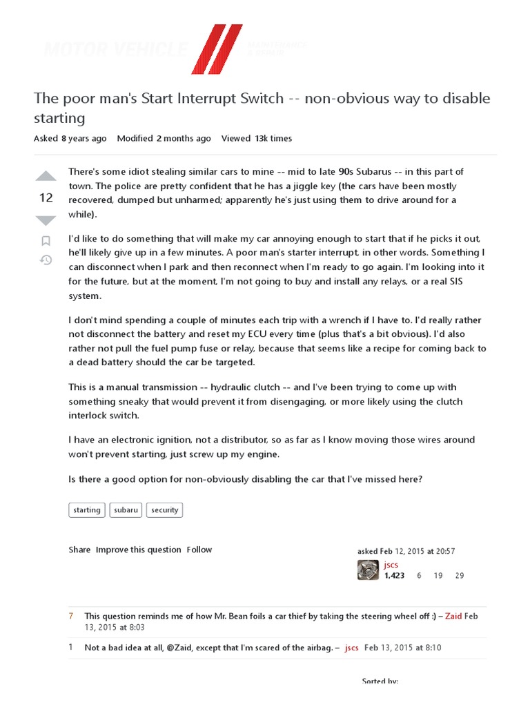 Subaru - The Poor Man's Start Interrupt Switch - Non-Obvious Way To Disable Starting - Motor ...