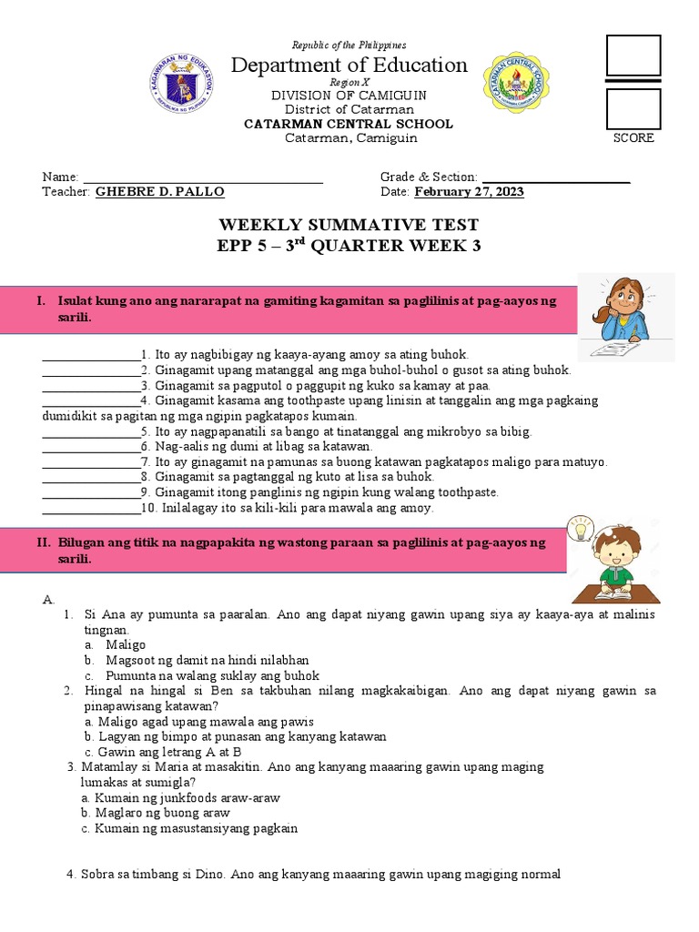 EPP 5 Weekly Test - Q3 Week 2 | PDF