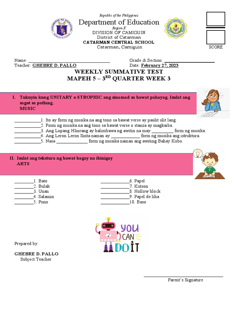 MAPEH 5 Weekly Test - Q3 Week 3 | PDF