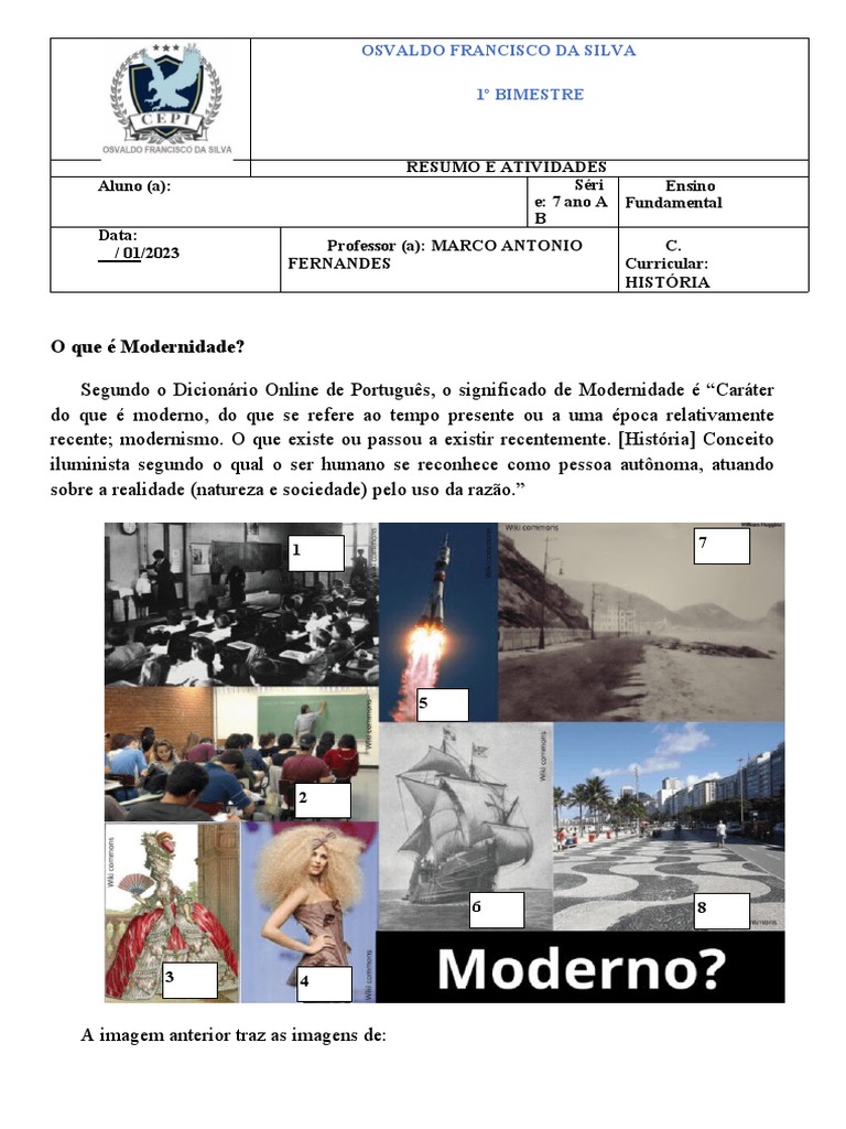 Atividades I ANO 7 (Oque É Modernidade) | PDF | Estado | Modernidade