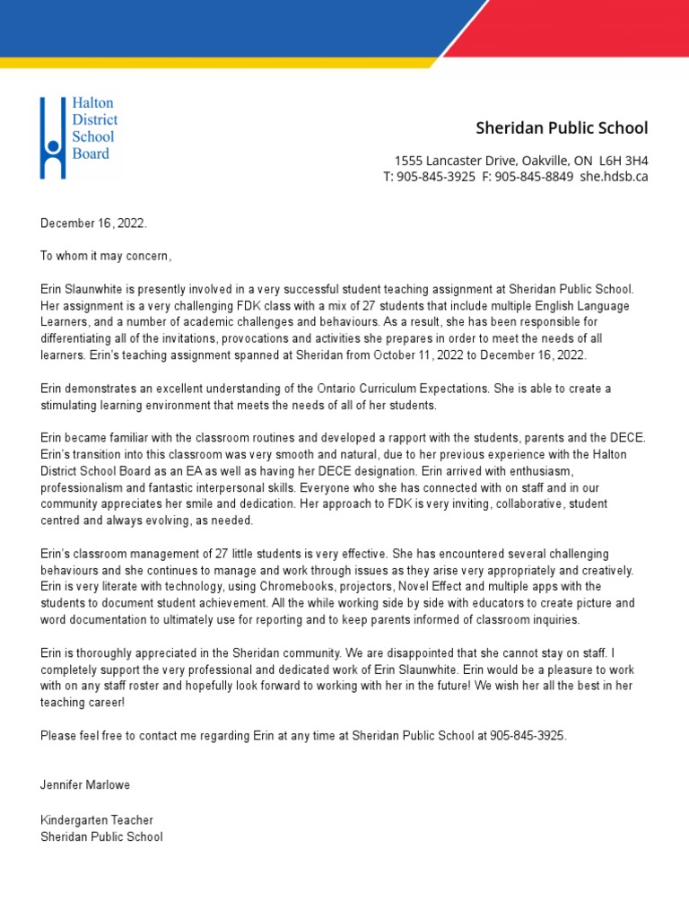 Sheridan Public School Letter Head-Erin Slaunwhite | PDF | Teachers ...