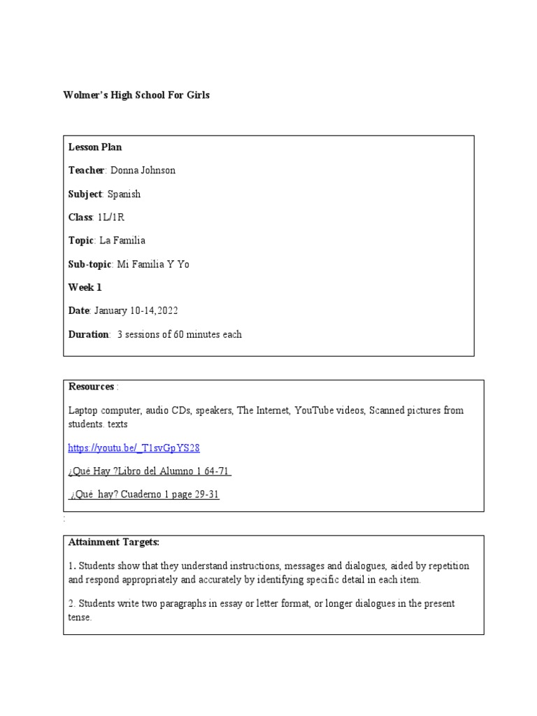 Lesson Plan: La Familia | Download Free PDF | Linguistics | Cognition