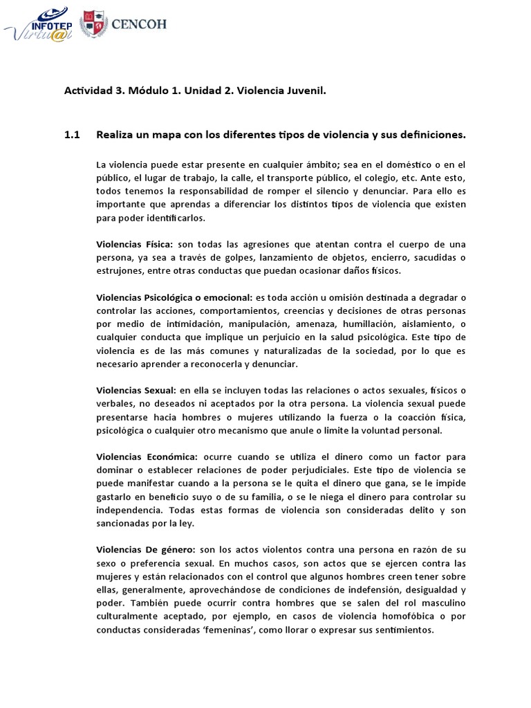 Actividad 3 Módulo 1 Unidad 2 Violencia Juvenil Pdf Violencia