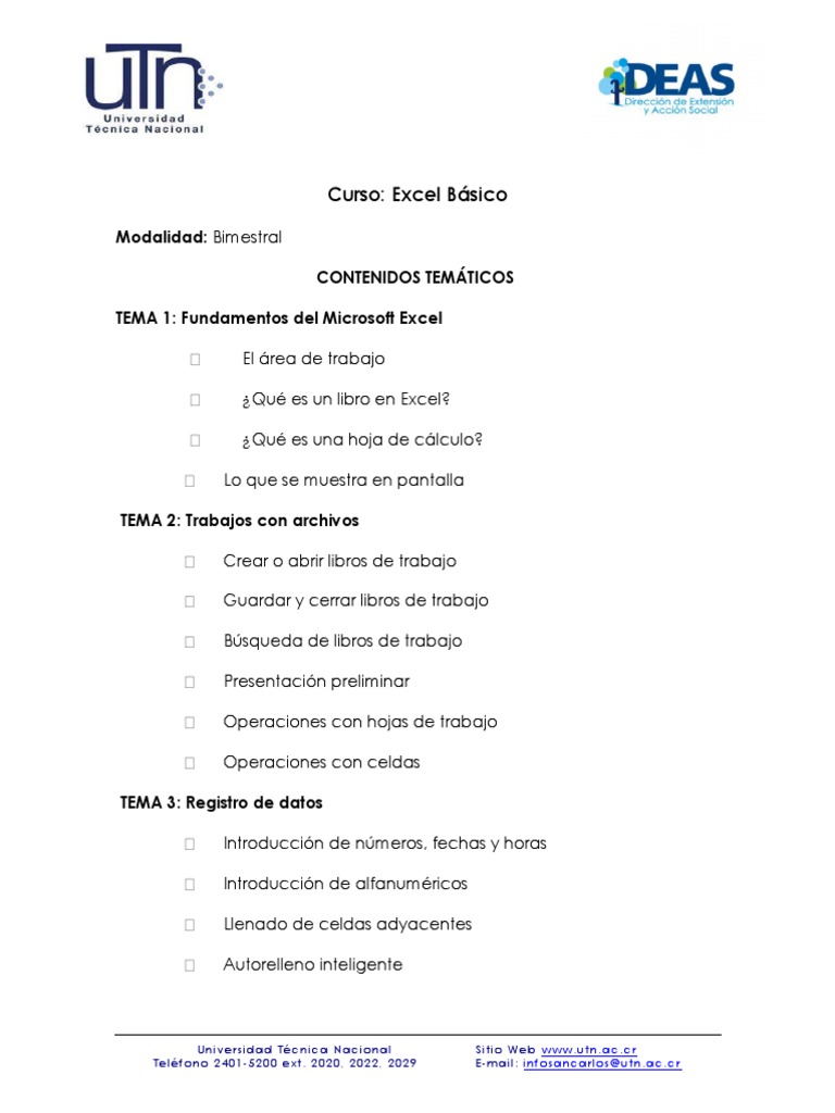 Temario Excel Básico | PDF | Microsoft Excel | Hoja de cálculo