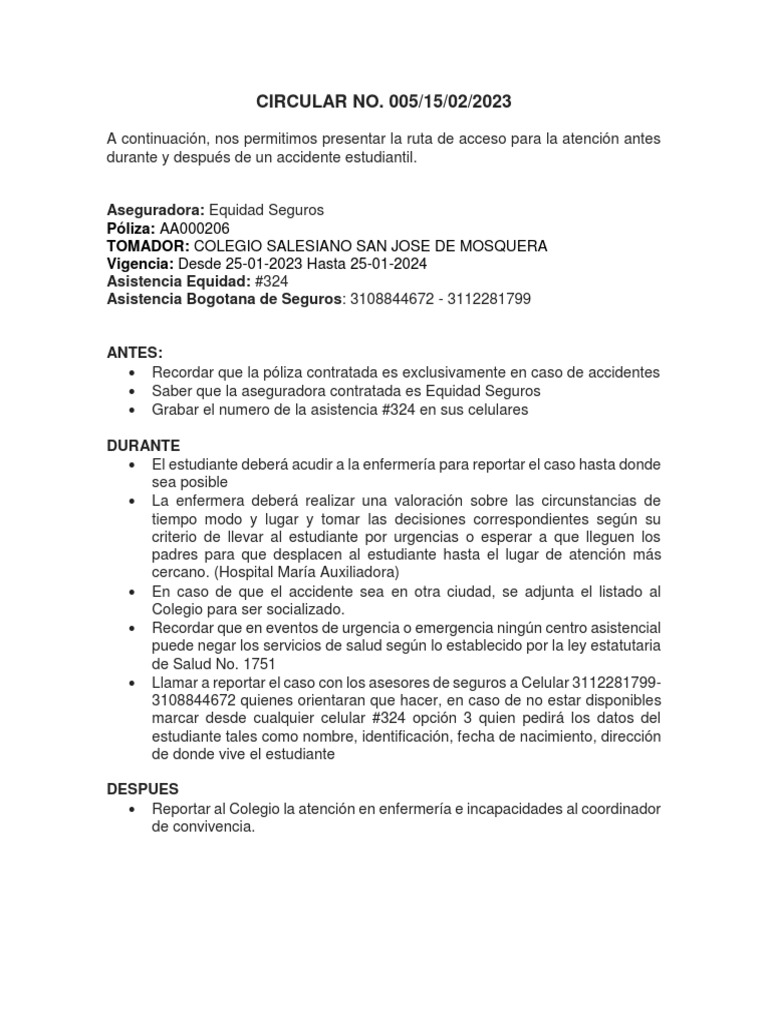 Circular N 5 Información Seguro Escolar - Equidad Seguro | PDF | Enfermería | Informática