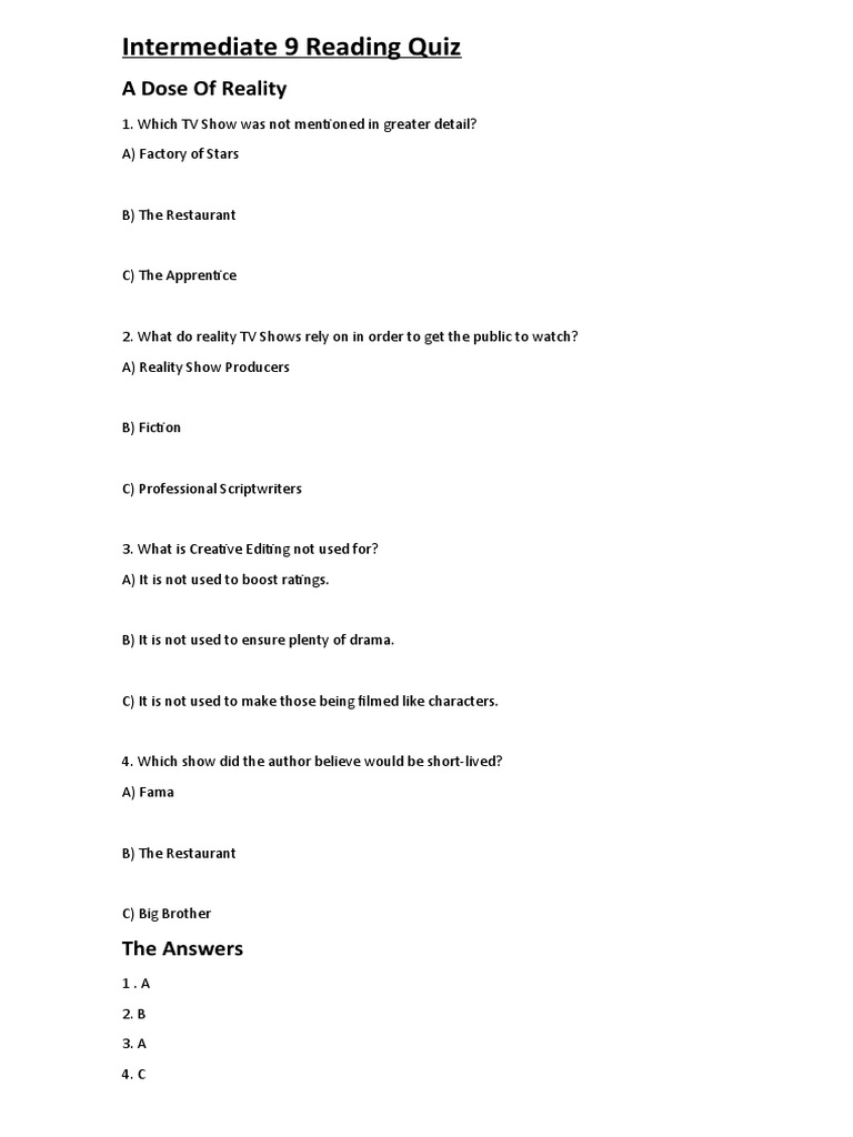 Intermediate 9 Reading Quiz Answers | PDF | Games & Activities