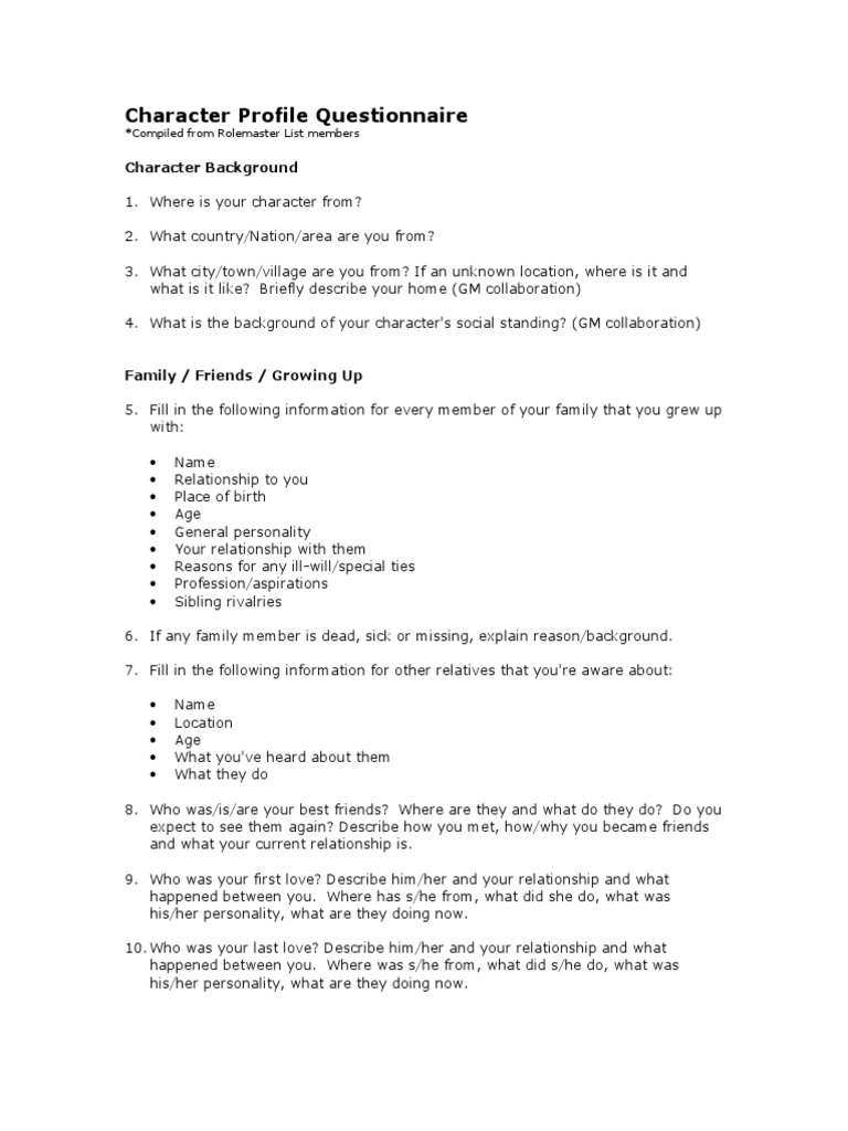 Fan Product - RoleMaster - Character Profile Questionaire | PDF ...
