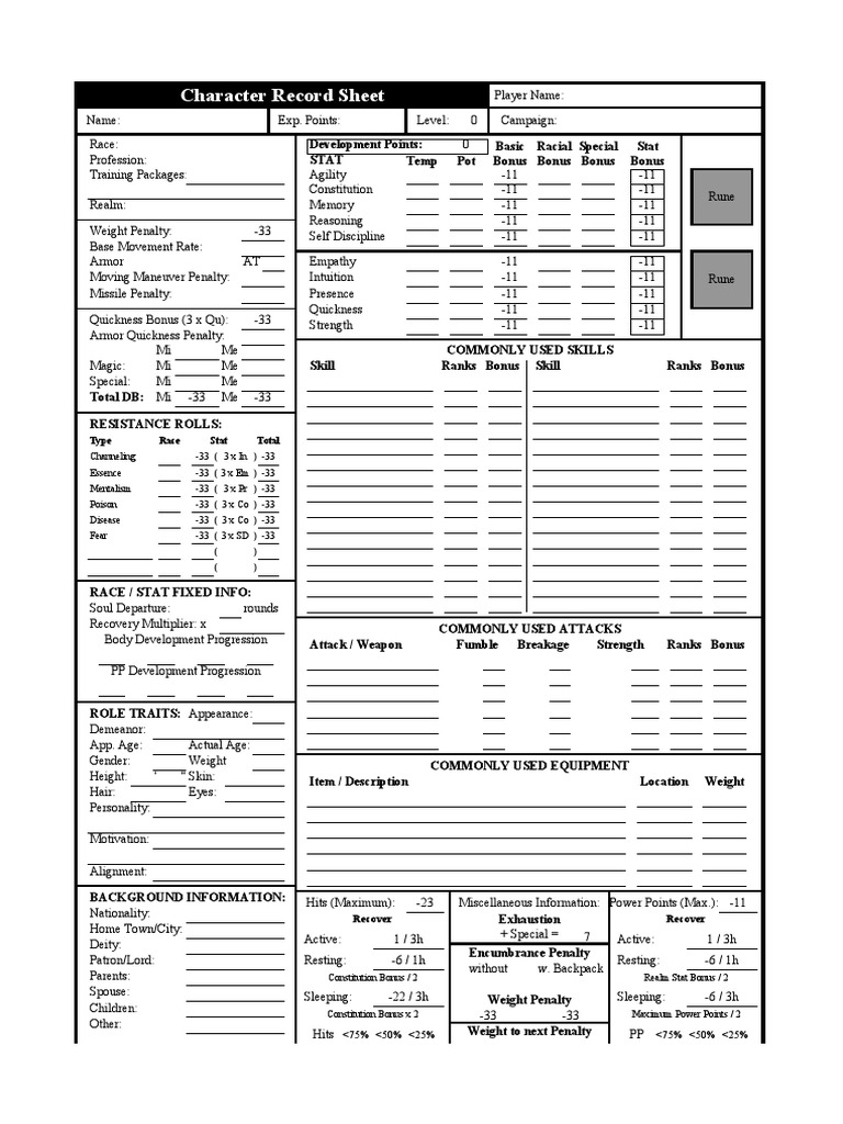 Fan Product - Rolemaster - Character Sheet | PDF | Helmet | Armour