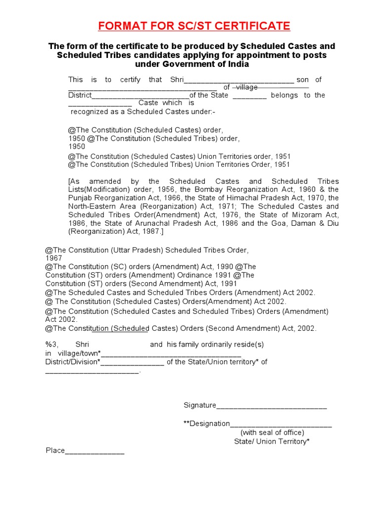 SC STCertificateFormat | PDF | Government | Politics Of India