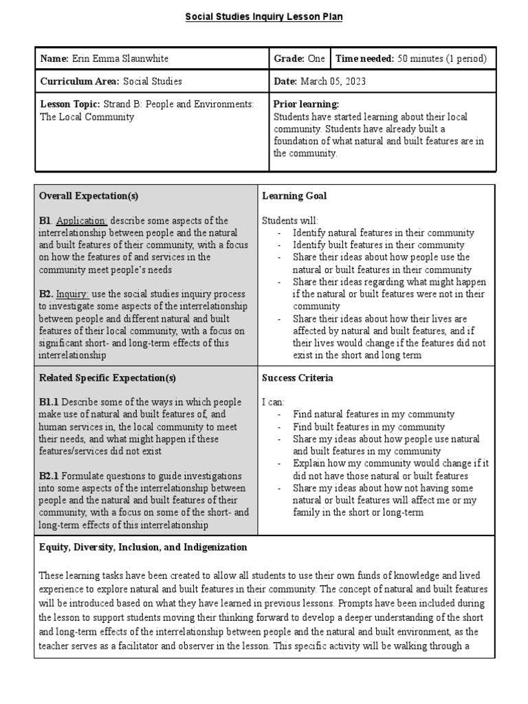 Social Studies Inquiry Plan | PDF | Learning | Teachers