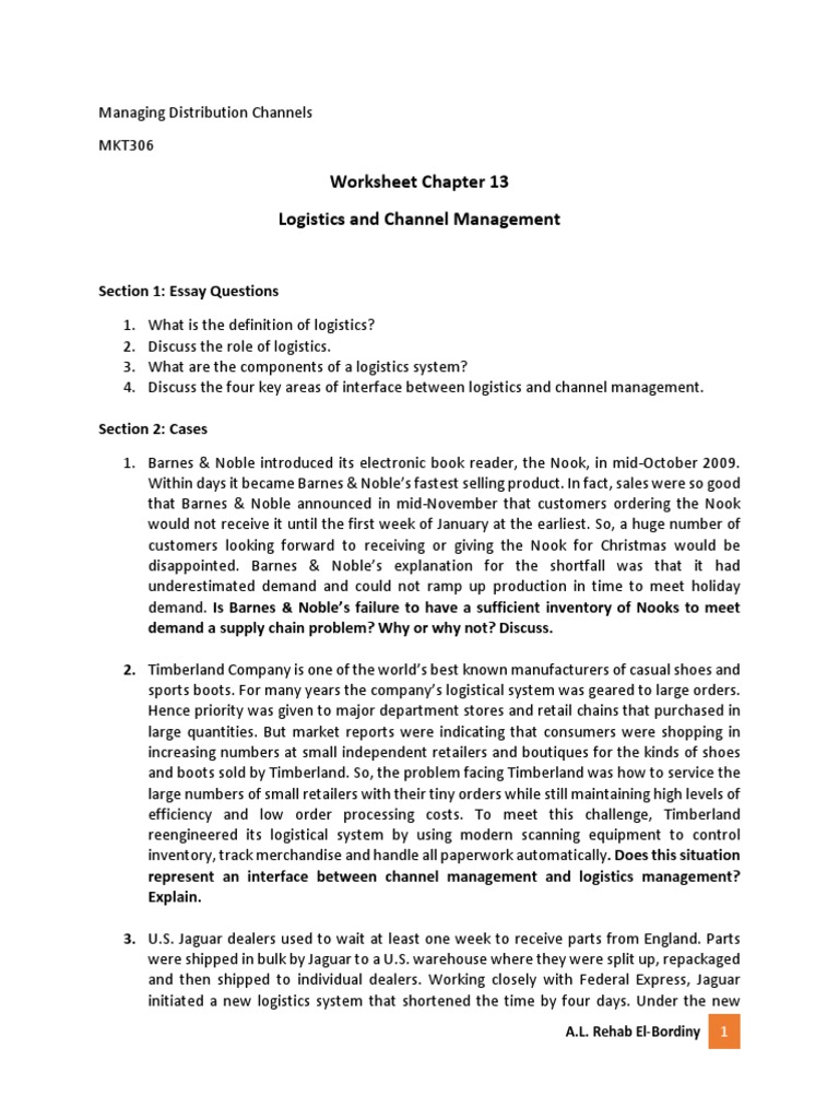 Worksheet Chapter 13 | PDF | Retail | Logistics