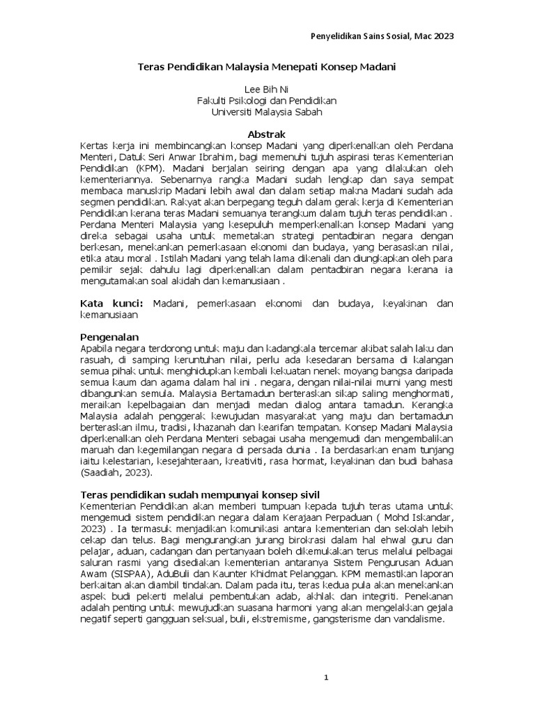 Teras Pendidikan Malaysia Menepati Konsep Madani | PDF