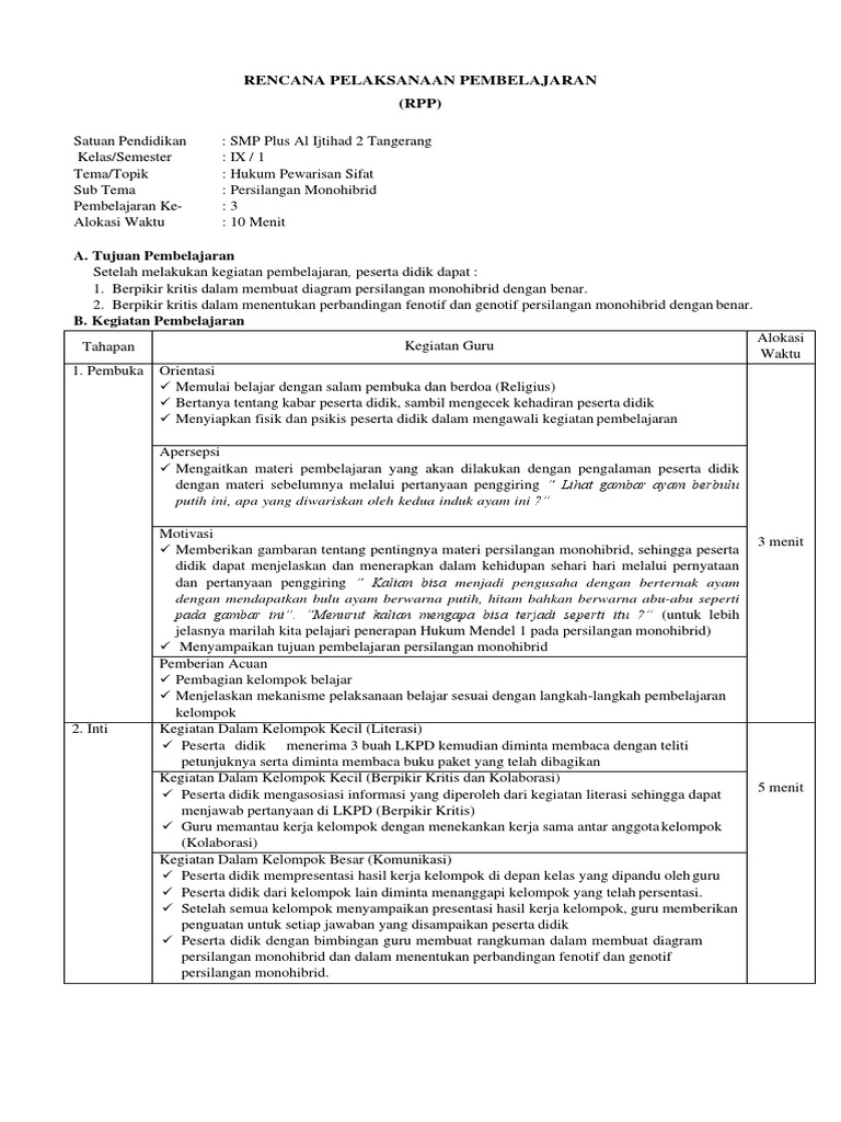 Rencana Pelaksanaan Pembelajaran (RPP) | PDF