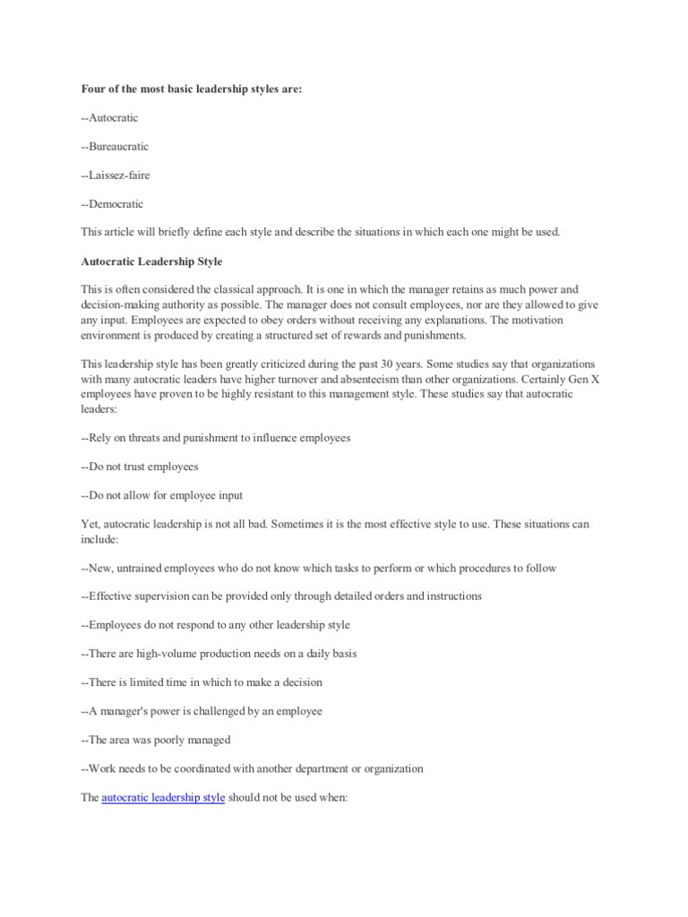 Four of The Most Basic Leadership Styles Are | PDF | Leadership ...