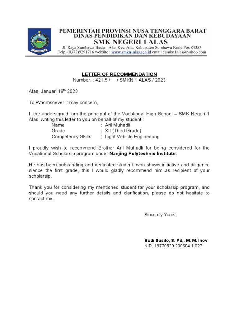 Surat Rekomendasi Sekolah Ke Luar Negeri | PDF Surat Rekomendasi Sekolah Ke Luar Negeri | PDF