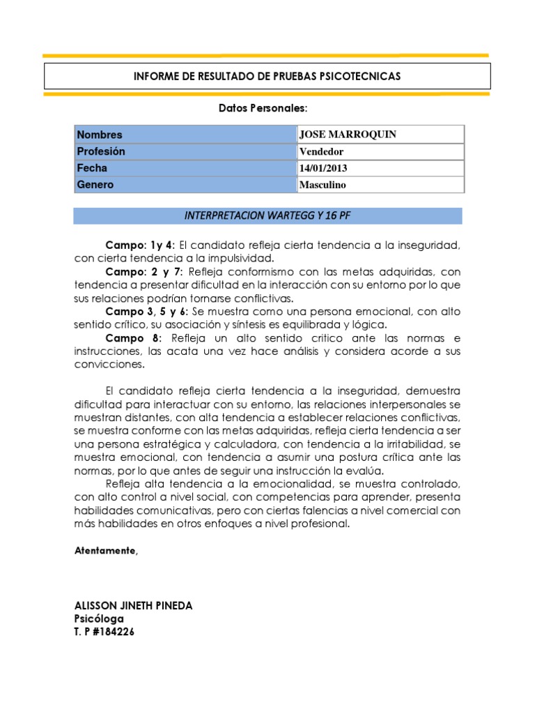 Informe Pruebas Psicotecnicas | PDF Informe Pruebas Psicotecnicas | PDF