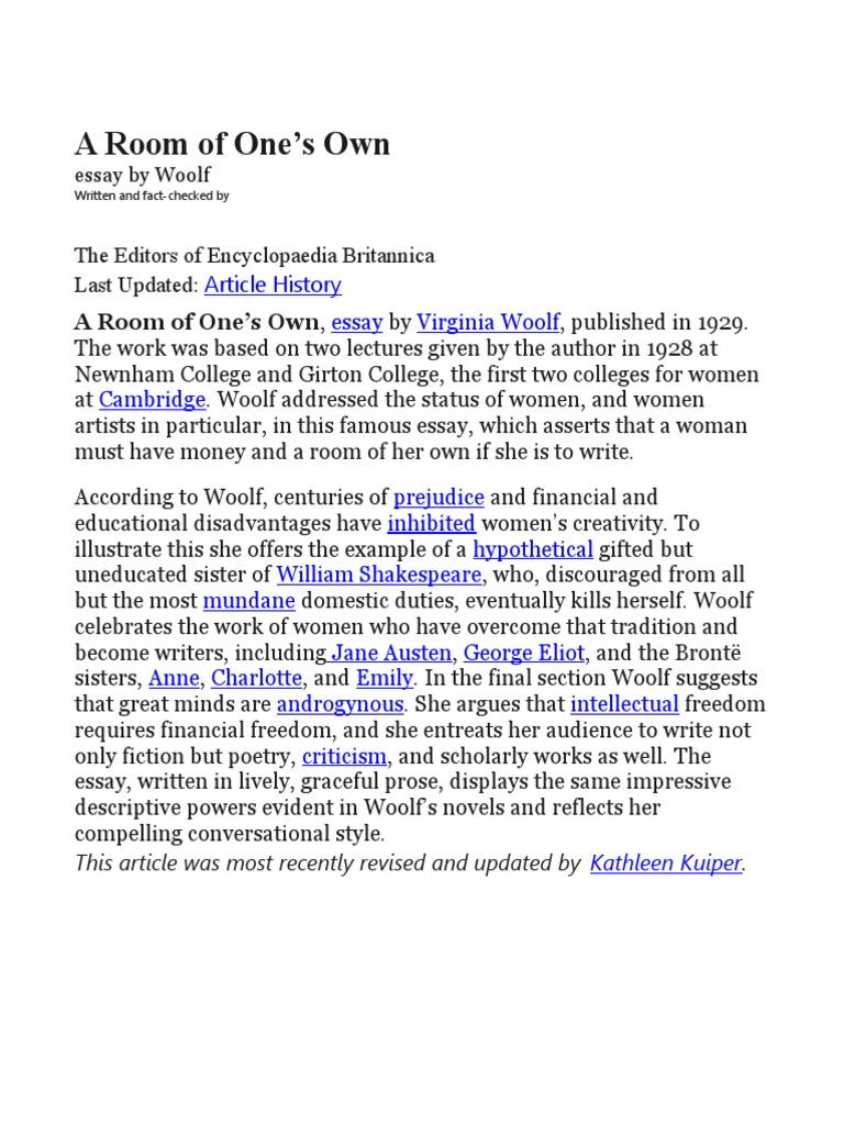 Virginia Wolfs Essay Summary and Analysis | PDF | A Room Of One's Own ...