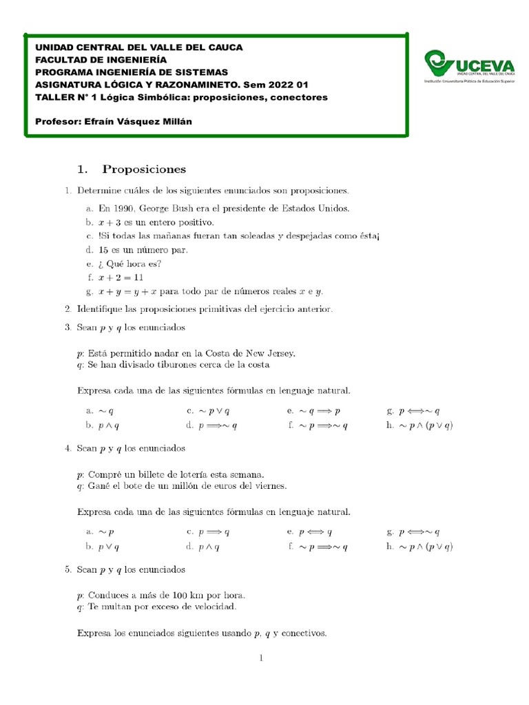 TALLER N°1 Logica y Razonamiento PROPOSICIONES 2022 01 | PDF
