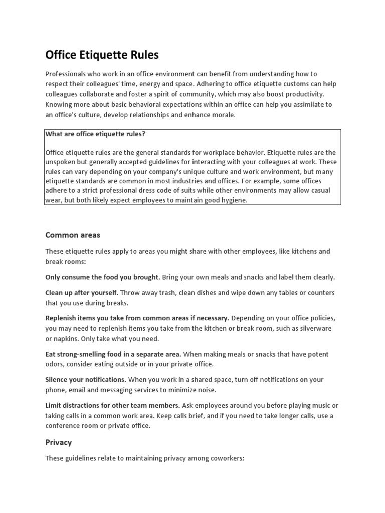 Office Etiquette Rules | PDF | Privacy | Etiquette