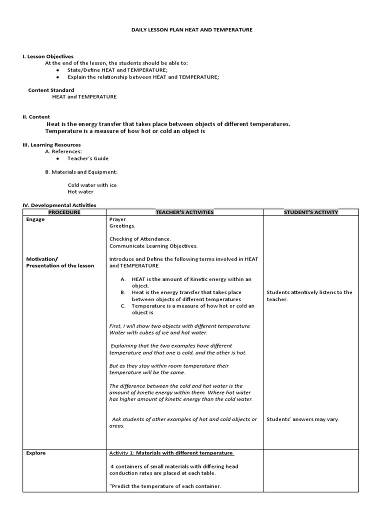 Heat vs. Temperature Lesson Plan | PDF | Heat | Temperature