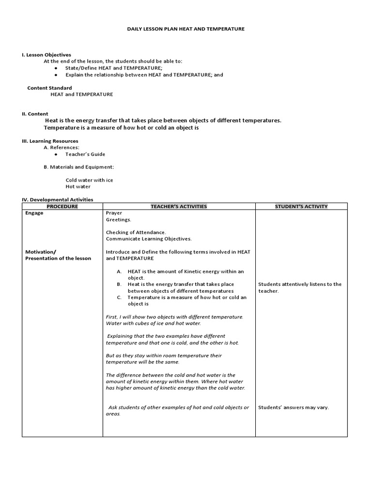Lesson Plan Heat and Temperature | PDF | Heat | Temperature
