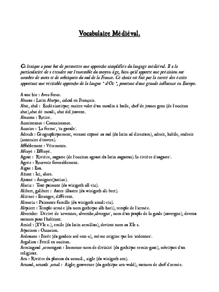 Lexique du Vocabulaire Médiéval | PDF