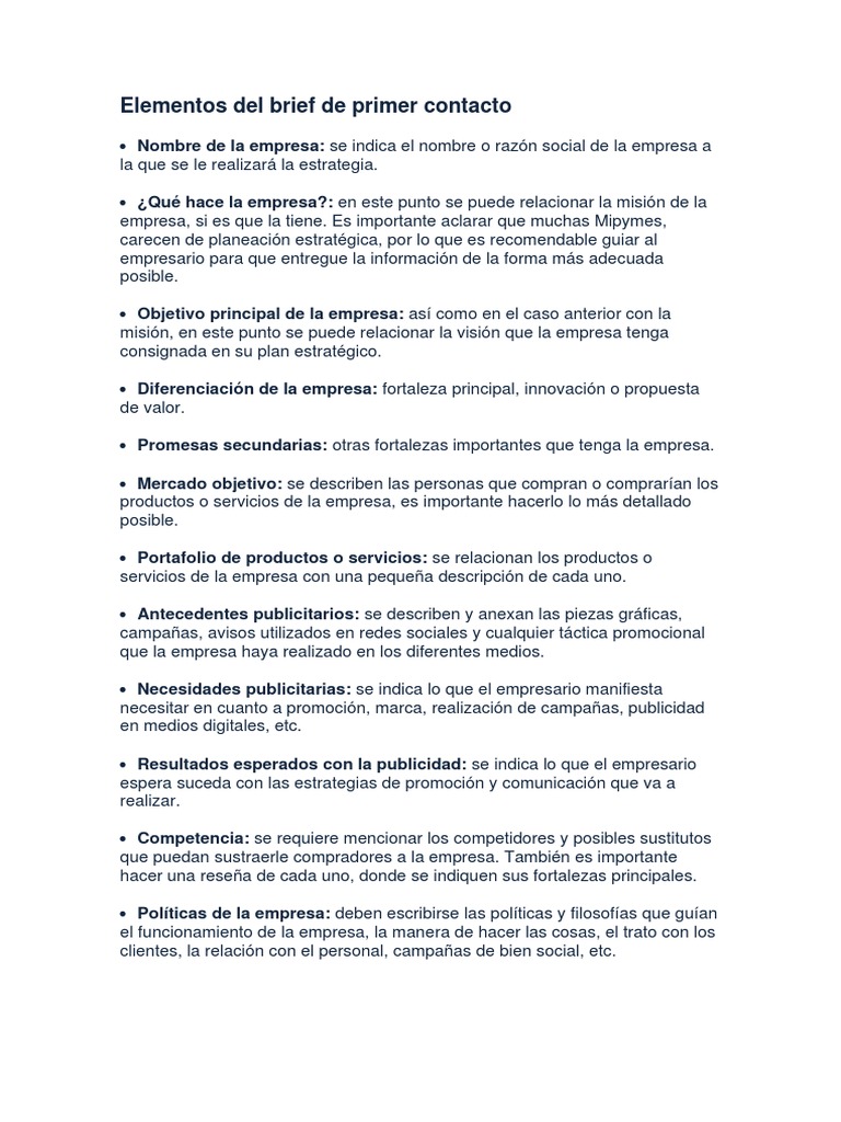 Elementos Del Brief de Primer Contacto | PDF Elementos Del Brief de Primer Contacto | PDF
