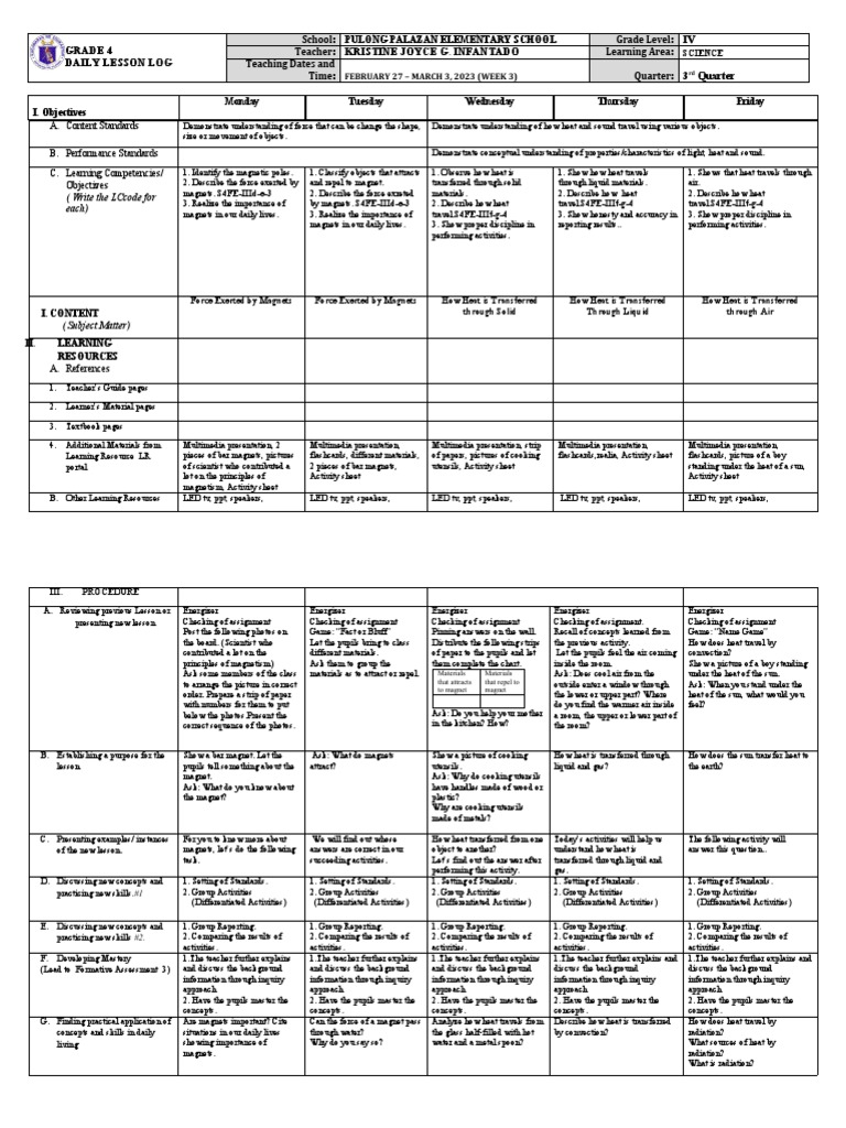 Grade 4 DLL SCIENCE 4 Q3 Week 3 | PDF | Heat | Magnet