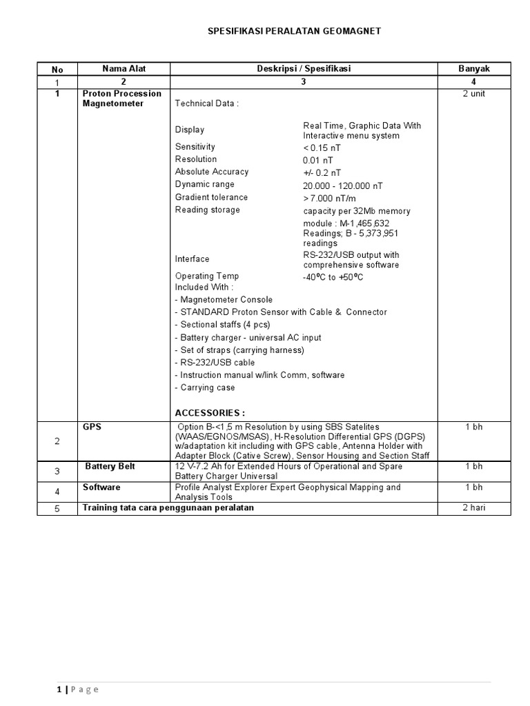 Spesifikasi Peralatan Geomagnet | PDF | Magnetometer | Computer Hardware