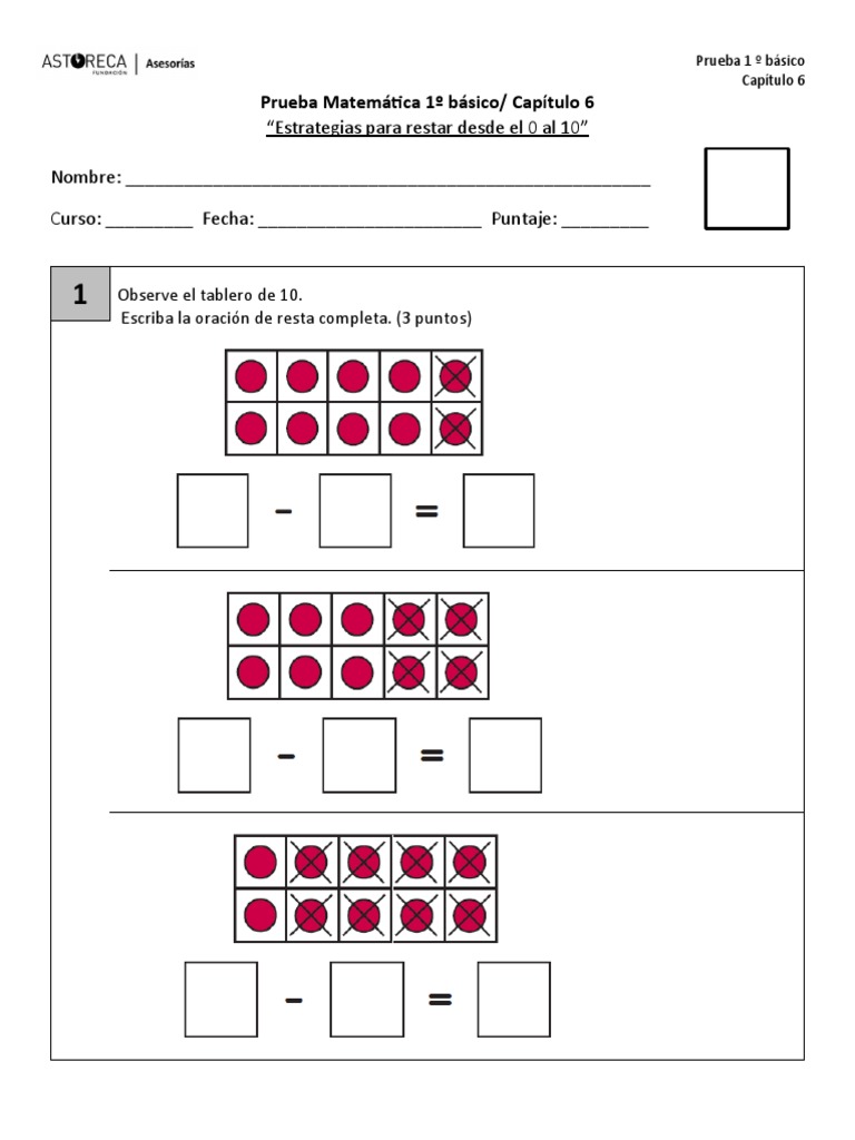 Prueba 1º Básico CAP 6 Estrategias para Restar Desde El 0 Hasta 10 ...
