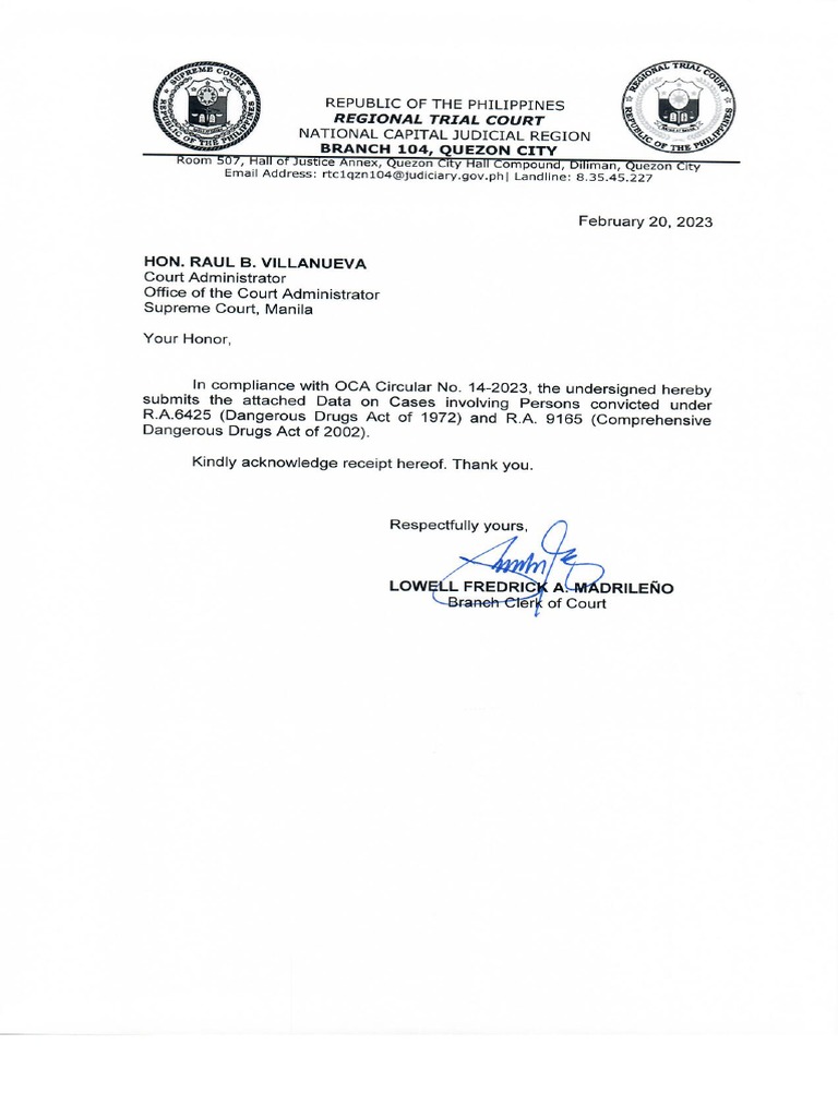 Data On Conviction For Drug Cases in Compliance With OCA Circular 14.2023 (RTC Branch 104 Quezon ...