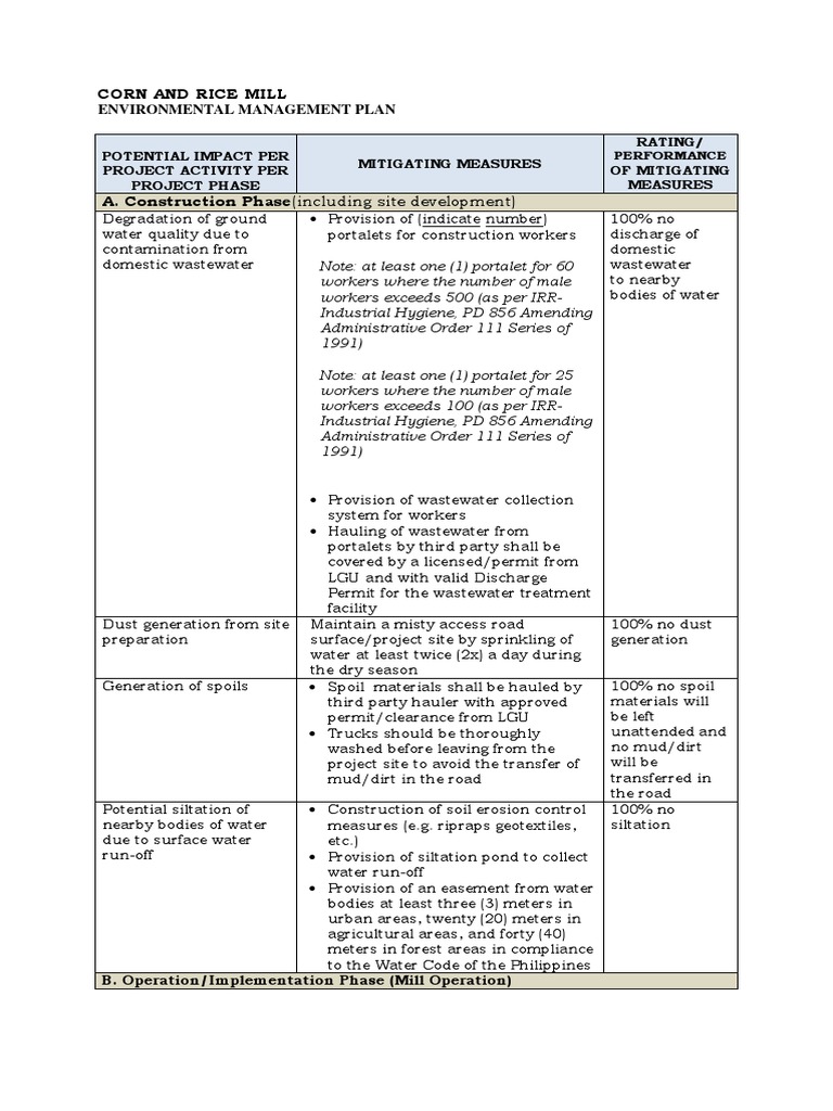 Environmental Management Plan (EMP) | PDF | Water | Dust