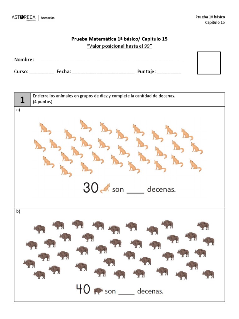 Prueba 1º Basico CAP 15 Valor Posicional Hasta El 99 | PDF