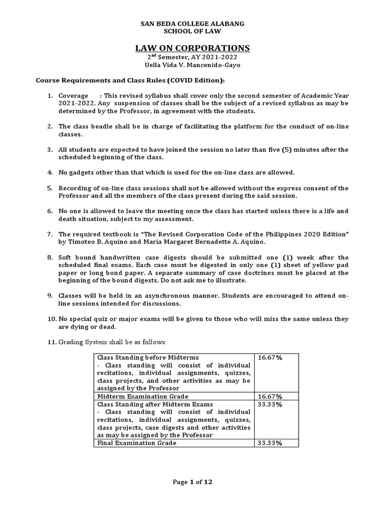 Sbca Corp Syllabus AY2122 1 | PDF | Academic Term | Corporations