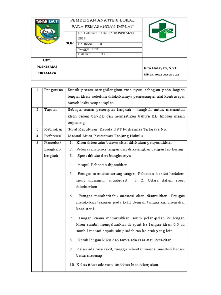 Prosedur Anestesi Lokal Implan KB | PDF | Sains & Matematika